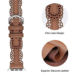 Secbolt Leather Bands Compatible with Apple Watch Band 38mm 40mm 41mm iWatch SE Series 9 8 7 6 5 4 3 2 1, Breathable Chic Lace Leather Strap for Women, Brown