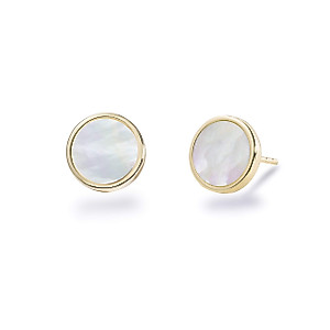 S.Leaf Minimalism Mother of Pearl Stud Earrings Sterling Silver Round Disc Stud Earrings for Women (yellow gold)
