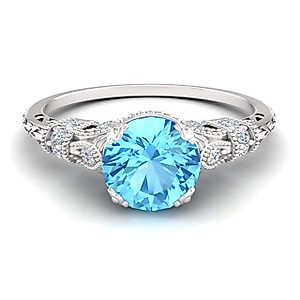 Diamondere Natural and Certified Blue-Topaz and Diamond Engagement Ring in 14K White Gold, 1.11 Carat Art Deco Engagement Ring for Women, US Size 6.5