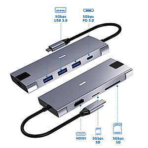 USB C HUB, Dataroad 8 in 1 USB C Port Expander, USB C Docking Station with Ethernet Port, 4K HDMI Output, 3 USB 3.0 Ports, 80W PD Fast Charging, TF/SD Card Reader, Compatible for MacBook Pro/Air