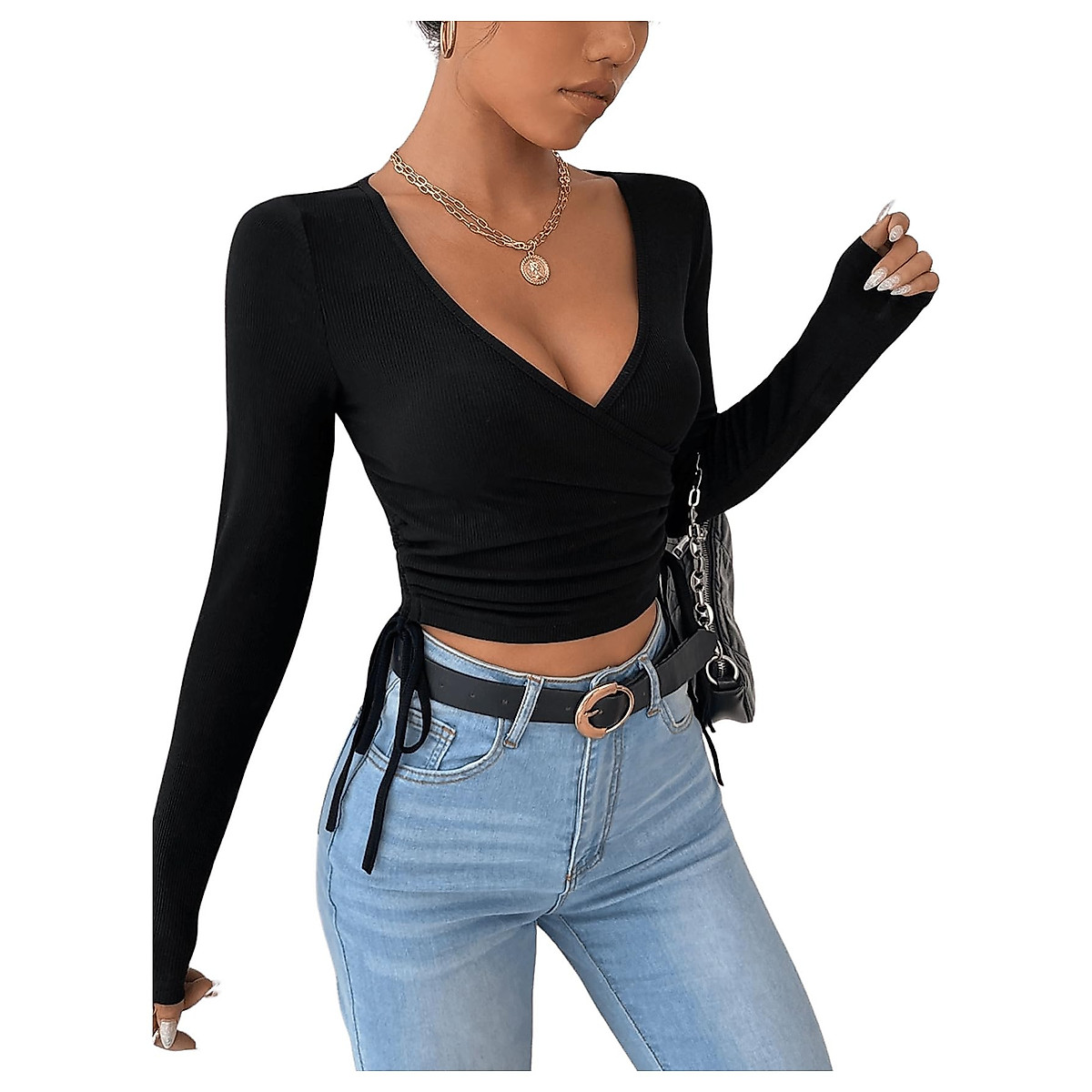 SOLY HUX Long Sleeve Wrap Crop Tops for Women Sexy Ruched V Neck T Shirts Tie Side Fitted Tees Going Out Top Solid Black XS