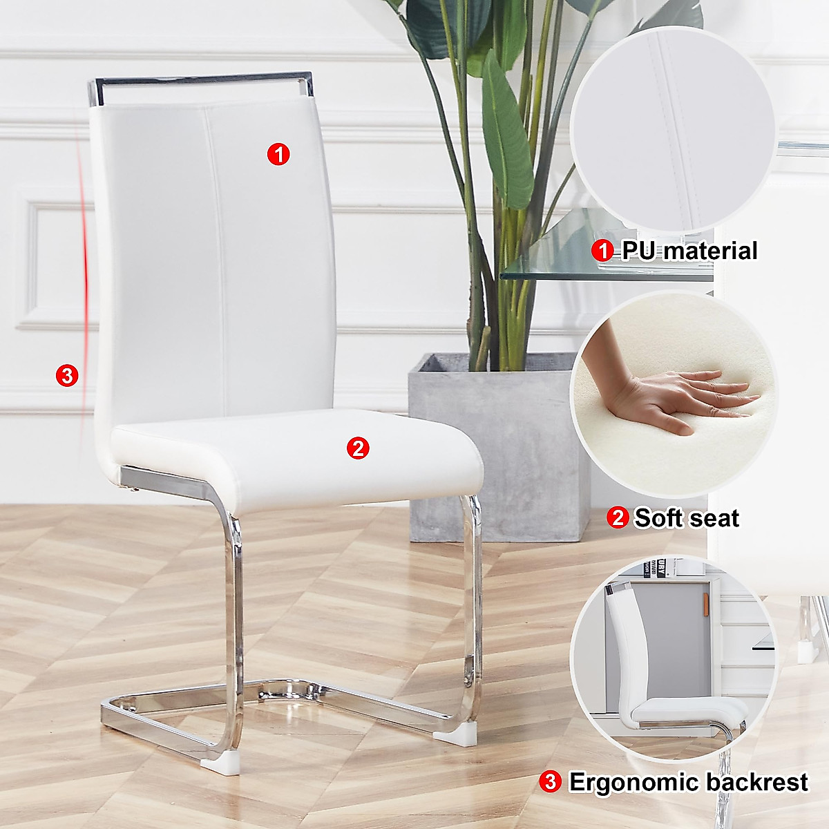 Dining Table Set for 6,White Glossy Kitchen Table and Chairs,67" Marble Decals Kitchen Table Set 6 with PU Leather Dining Chairs,1.57" Thick MDF Wood Board Top with Chrome Plate Sliver Metal Base