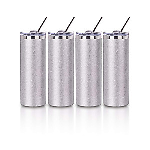 PYD Life Sublimation Blank Glitter Skinny Tumbler Silver 20 OZ Straight Stainless Steel Coffee Cups with Lid and Metal Straw for Tumbler Heat Press Sublimation Oven Printing 4 Pack