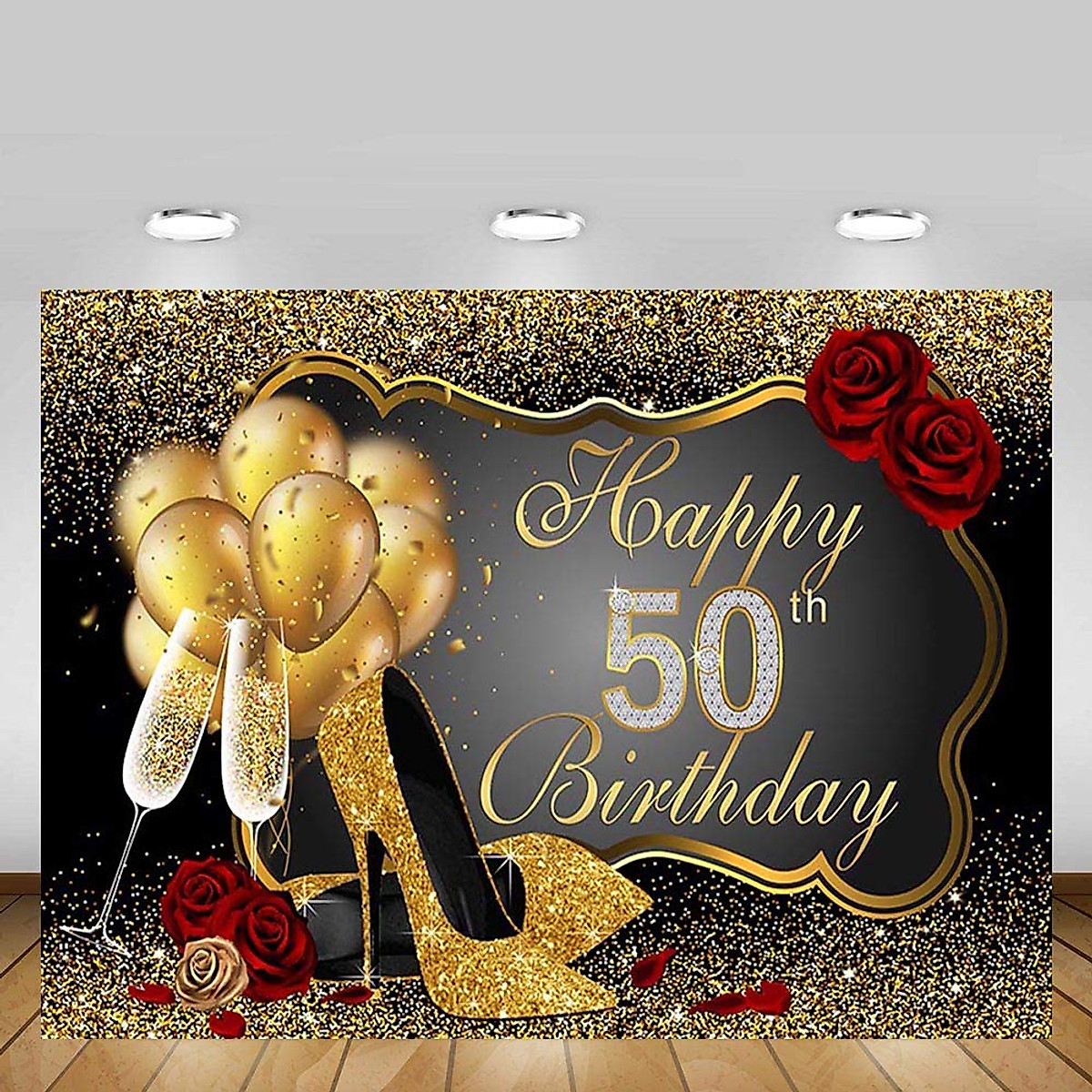 MEHOFOTO Photo Background Shining Sequin Black Gold High Heels Champagne Woman Red Rose Balloons 50th Happy Birthday Party Banner Backdrops for Photography 8x6ft