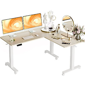 Claiks Triple Motor L Shaped Standing Desk, 63 x 55 inch Corner Stand Up Desk, Adjustable Height Desk with Splice Board, White Frame/Nature Top