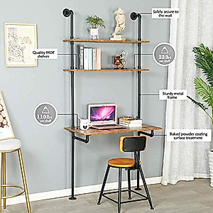 ZIOTHUM Wall Mount Desk, Ladder Desk, Shelf Desk, Industrial Desk, Wall Table, Computer Laptop Desk with Shelves, Industrial Bookcase Desk Wall Mount Floating Pipe Table with Storage (36x20x81)