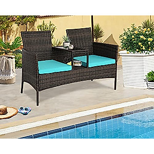 BPTD Outdoor Patio Loveseat Patio Furniture Set Rattan Patio Bistro Set Wicker Conversation Furniture Sets with Cushios and Built-in Coffee Table for Balcony, Lawn, Backyard (Brown/Turquoise)