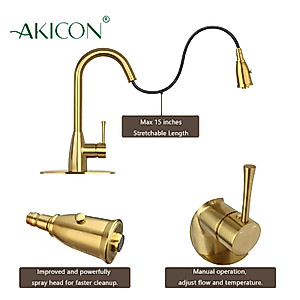 Akicon One-Handle Brushed Gold Pull Down Kitchen Faucet with Deck Plate - 5 Years Warranty (Brushed Gold)