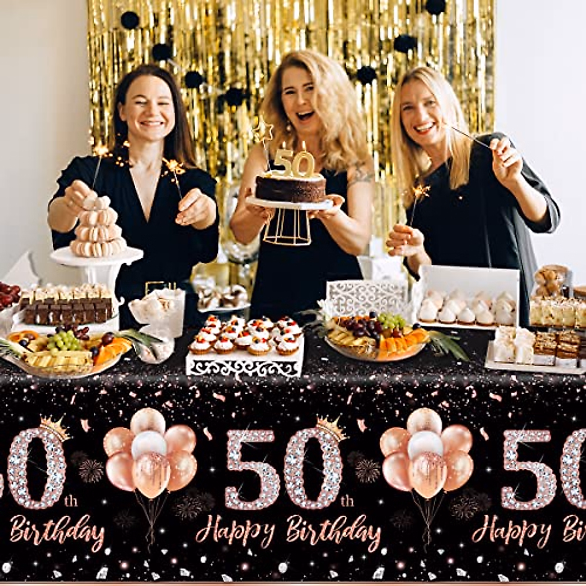 3Pcs 50th Birthday Tablecloth Decorations for Women-Rose Gold Pink Table Cloth Happy 50 Birthday Theme Party Supplies Table Cover Plastic Disposable Rectangular Party Decorations(50th Birthday)