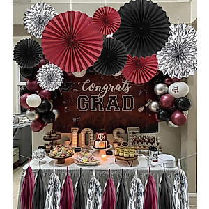 24PCS Maroon Decorations Burgundy Black Silver Party Paper Streamers Tassel Banner Garland Paper Flower Fans Wall Hanging Backdrop Graduation Birthday Bridal Shower Wedding Décor