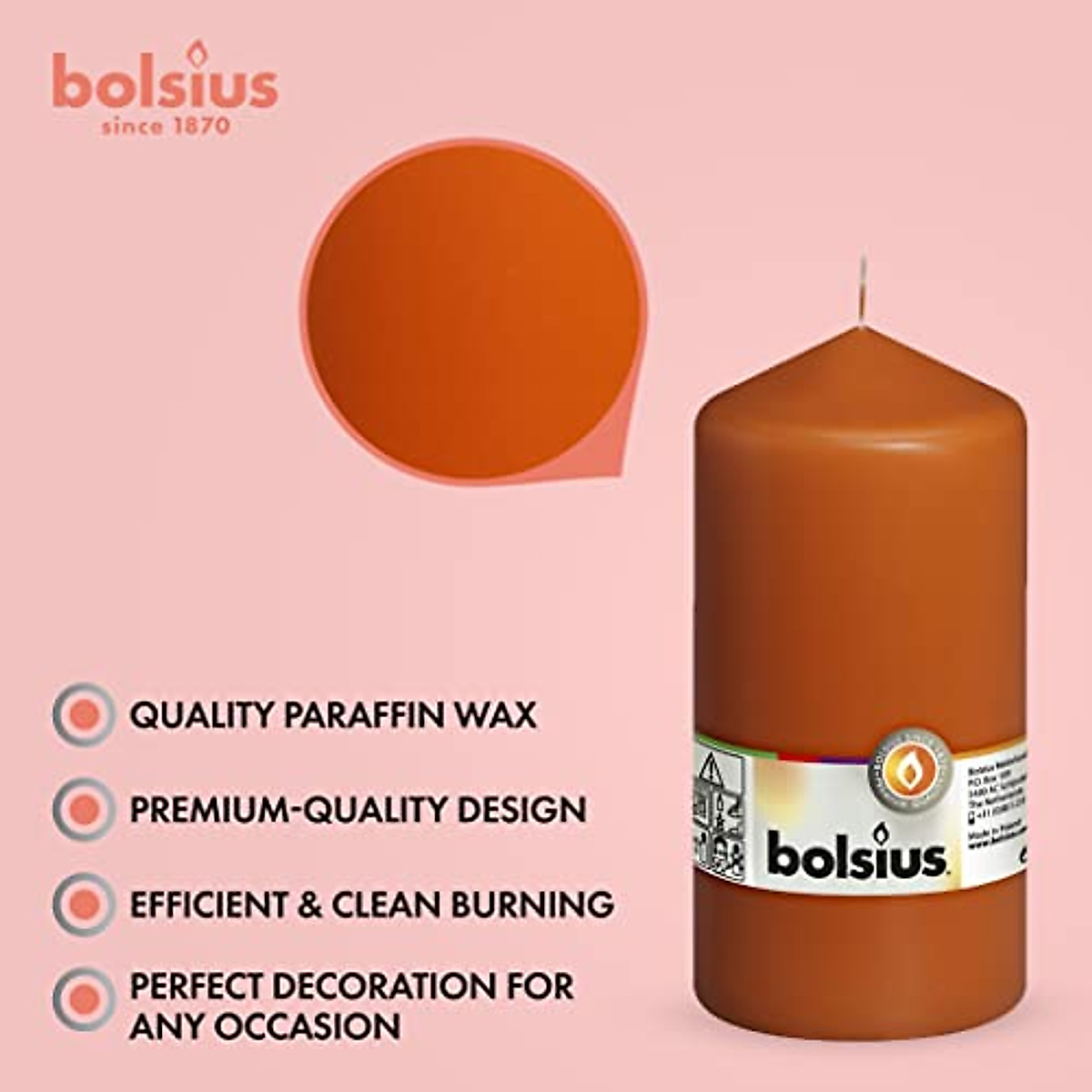 BOLSIUS 4 Orange Pillar Candles - 3x6 Inches - Individually Wrapped - Premium European Quality - 65 Burn Hours - Dripless & Smokeless Smooth Flame - Unscented Dinner, Wedding, Party, & Décor Candles