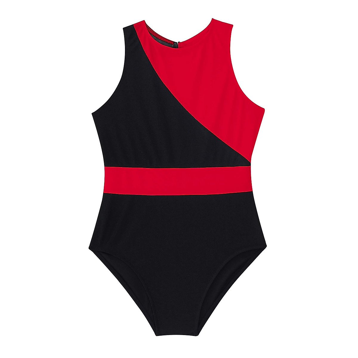 Aislor Girls' Ballet Dance Leotard Sleeveless Mesh Patchwork Criss Cross Back Unitards Gymnastic Jumpsuit Activewear Red&Black 14 Years