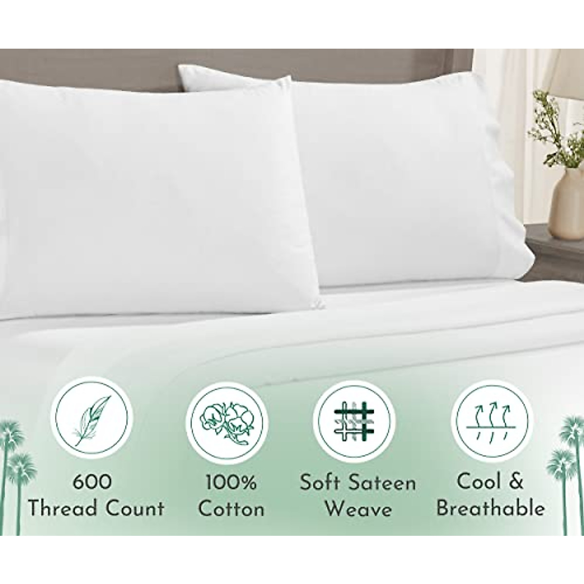 CALIFORNIA DESIGN DEN Luxuriously Soft Hotel Quality 600 Thread Count, 100% Cotton Set of 2 Cases, Crisp & Cool White Standard Pillow Cases Fits Standard & Queen Pillows (Bright White)