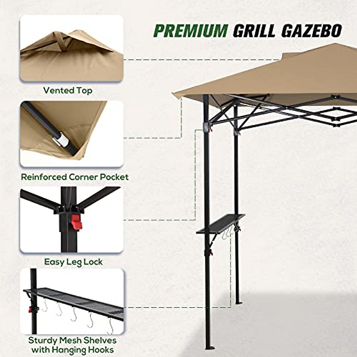COOS BAY 8x5 Pop up Grill Gazebo Portable BBQ Gazebo Canopy Tent with Roller Bag, Outdoor Barbeque Shelter, Beige