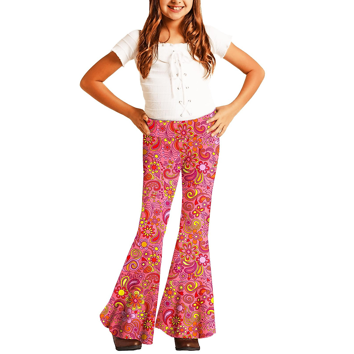Deerose Hippie Flared Pants for Girls 70s 80s Costume Cute Pink Bell Bottom Floral Print Bootcut 3-4 Years