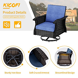 KICOFI Manual Weaving Wicker Patio Furniture Set 3 Pieces, Outdoor Swivel Rocking Chairs with Side Table, Patio Conversation Set with Comfy Cushions for Backyard, Garden, Balcony, Poolside Denim Blue