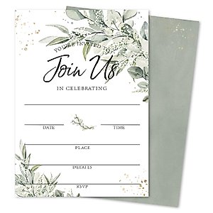 Whaline 25 Sets Greenery Invitations with Envelopes Stickers Sage Green Leaves Invitation Cards Blank Invites for Spring Wedding Reception Bridal Baby Shower Birthday Dinner Party, 5 x 7 Inch