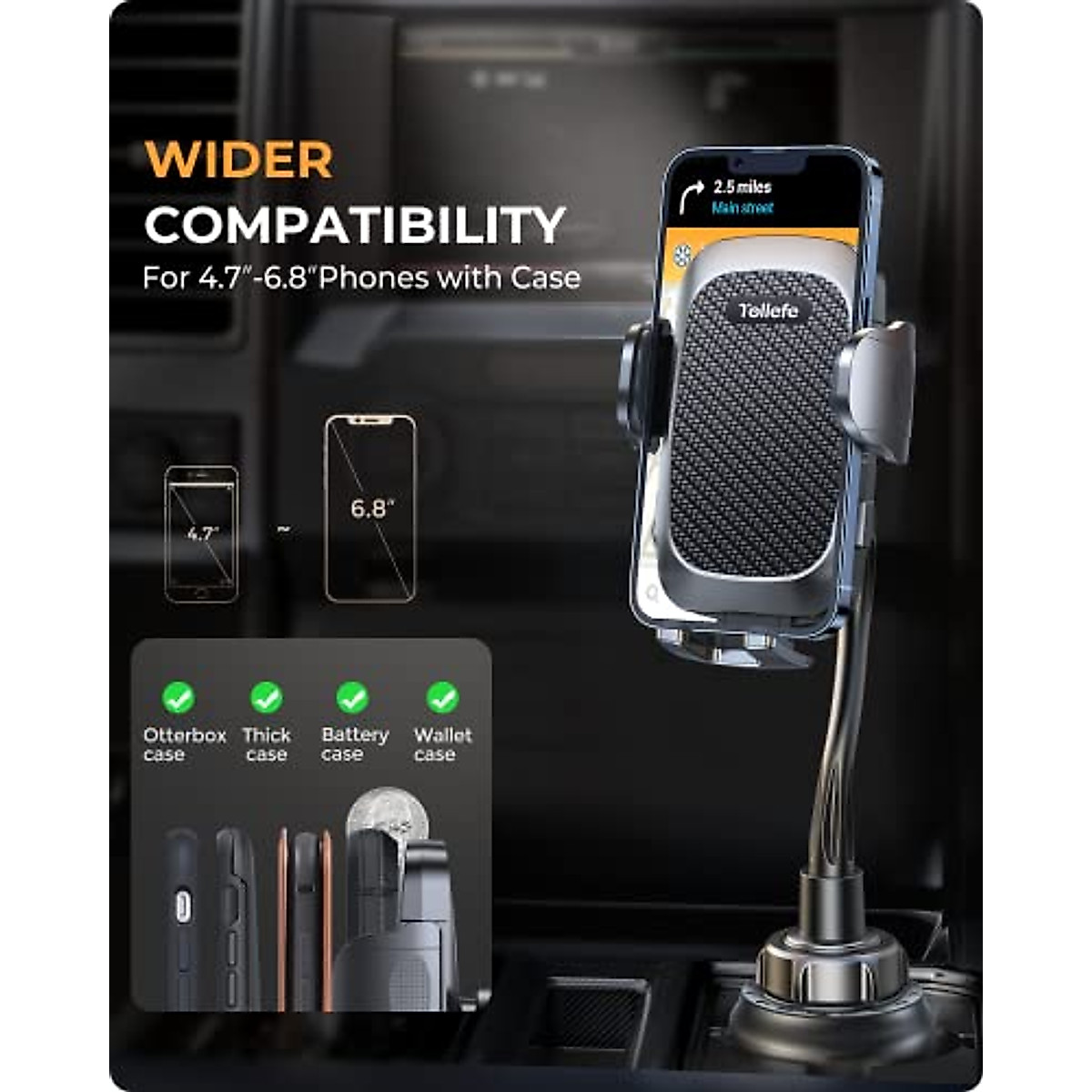 TOLLEFE 2-in-1 Cup Holder Phone Mount with Vent Clip, Cup Phone Holder for Car, [Adjustable Gooseneck & Ultra Stable], Car Phone Holder Mount for iPhone14 13 12 Pro Max, X XR Samsung S22 All Phones