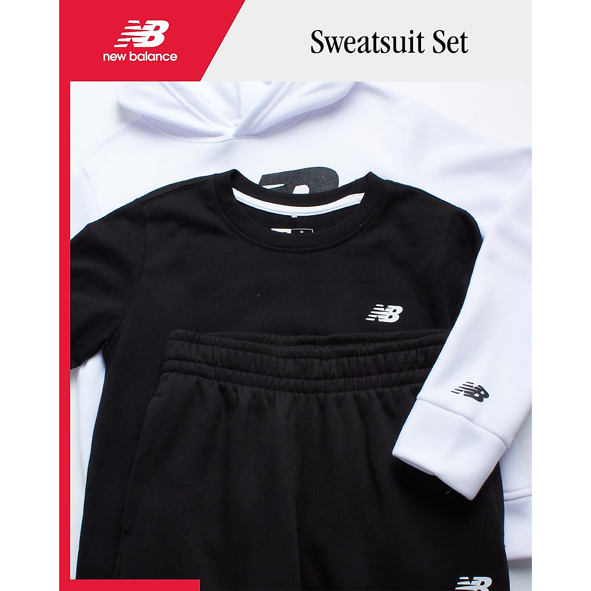 New Balance Boys' Sweatsuit Set - 3 Piece Short Sleeve T-Shirt, Fleece Hoodie Sweatshirt, and Sweatpants (8-12), Size 8, White Black
