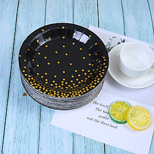 Aneco 60 Pieces 7 Inches Black Bronzing Disposable Paper Plates Dinnerware Plates Gold Foil Polka Dot Plates for Party Graduation Wedding Anniversary Birthday