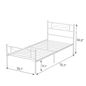 Weehom Twin Bed Frames No Box Spring Needed Easy Assembly Metal Platform Twin Bed Frame with Headboard & 12.7inch Underbed Storage White