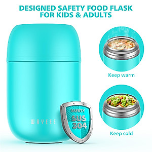 Insulated Food Jar WayEee Vacuum Bento Box Lunch Containers 16 oz for Kids Adults, Stainless Steel Leak Proof Wide Mouth Food Soup Thermos with Spoon Keeps Food Hot Cold for School Travel Picnic -Blue