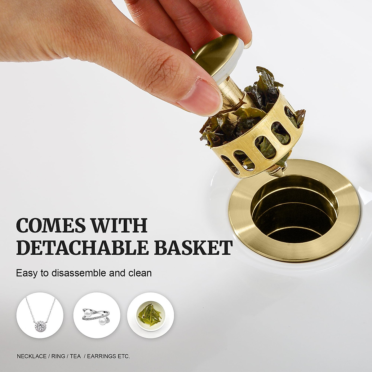 Pop up Sink Drain Stopper for Bathroom Vessel Vanity Sink Art Basin Brushed Gold, Small Cap Without Overflow, Metal Pop-up Drain Strainer with Detachable Basket Stopper