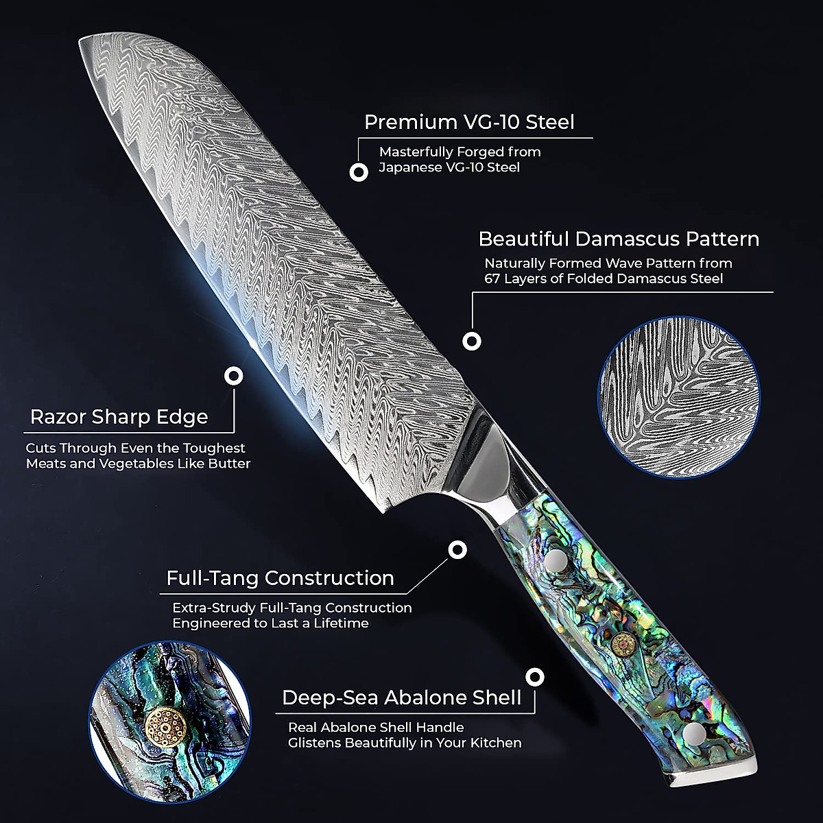 SENKEN Damascus Steel 7" Japanese Santoku Knife with Real Deep-Sea Abalone Shell Handle - Umi Collection - 67-Layer Japanese VG10 Forged Steel Blade, Integrated Full-Tang Molding (7" Santoku Knife)