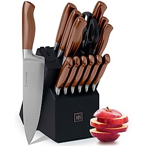 Copper Knife Set with Block - 14 PC Self Sharpening Knife Block Set - Rose Gold Knife Set & Black Knife Block with Sharpener - Copper Kitchen Accessories and Decor