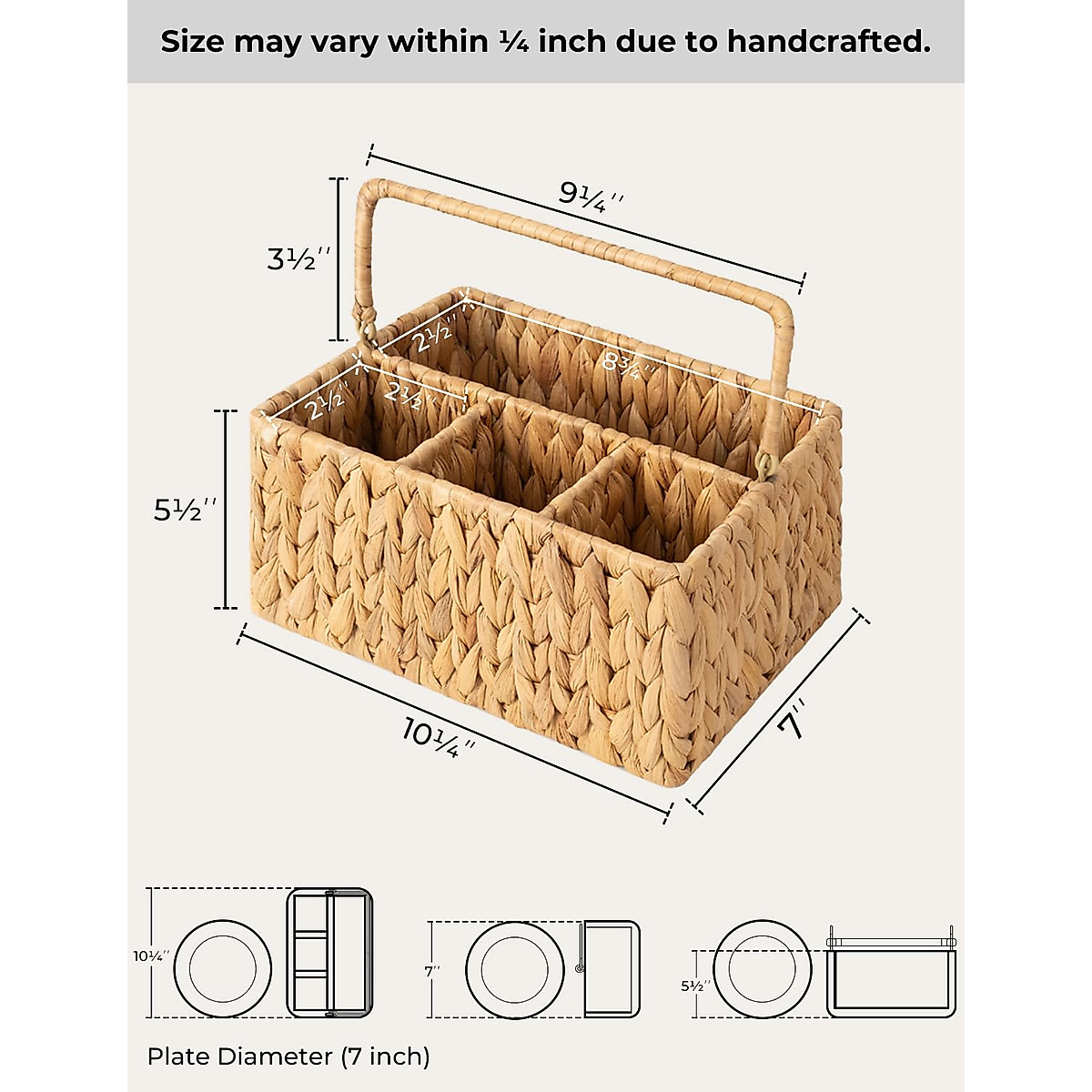 StorageWorks Wicker Flatware Organizer, Hand Woven Water Hyacinth Cutlery Holder for Countertop with Handle, 1 Pack