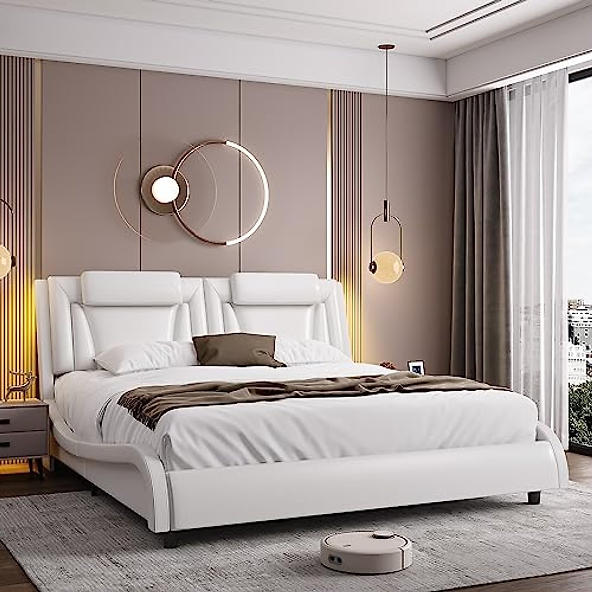 Keyluv Modern Upholstered Bed Frame with Adjustable LED Headboard, Pu Leather Platform Bed with Wave-Like Curve Design and Solid Wooden Slats Support, No Box Spring Needed, Noise Free, King, White