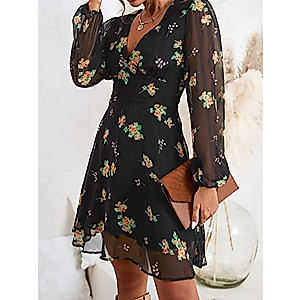 CUPSHE Women's Mini Dress Floral Print Chiffon Flowy Dresses Long Sleeve Dress for Women