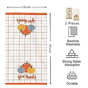 ENOZOUS Fall Kitchen Towels Set of 2, Thanksgiving Harvest Dish Towel Soft Pumpkins Plaid Tea Towel Large Size Hand Towel for Bathroom 18x28 Inch