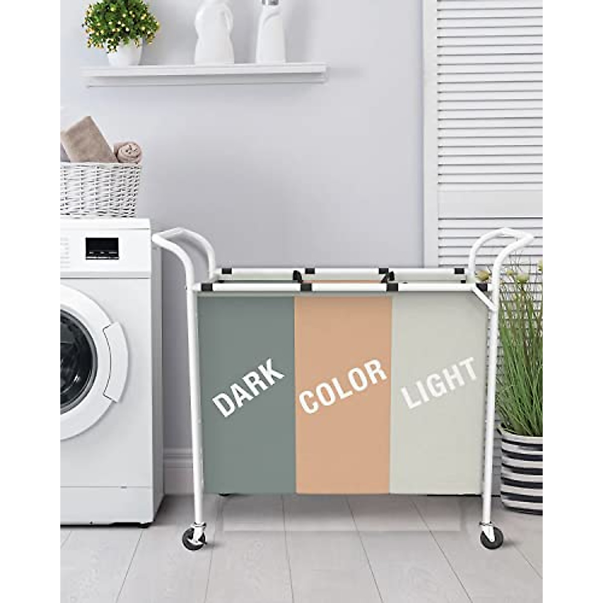 Laundry Sorter, Nerveol 44 Gallons Laundry Basket Laundry Hamper 3 Section with Heavy Duty Rolling Lockable Wheels and Removable Bags, 3 Bag Laundry Organizer Cart for Clothes Storage