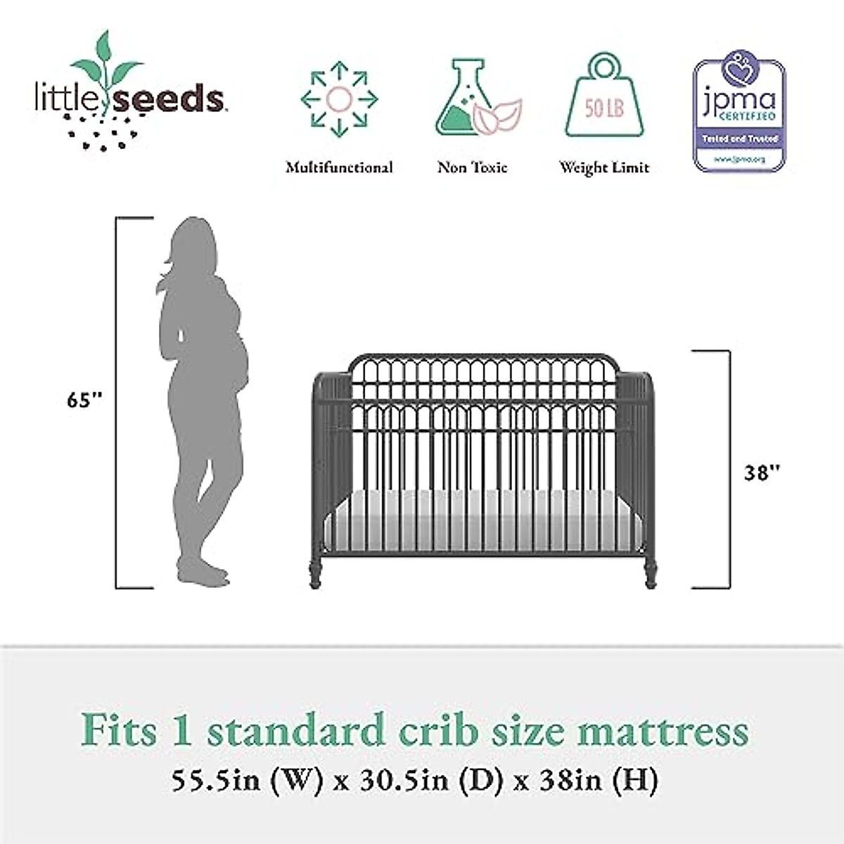 Little Seeds Raven 3-in-1 Convertible Metal Crib, JMPA Certified, Gray