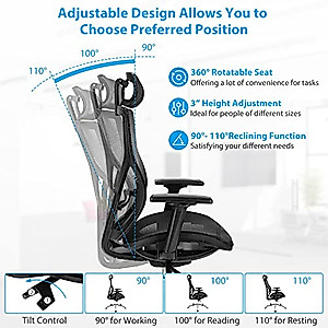 COSTWAY Ergonomic Home Office Chair, Adjustable Swivel Mesh Executive Chair w/Reclining Backrest, Headrest and 3D Armrests, High Back Computer Desk Chair for Gaming, Reading, Studying, Black