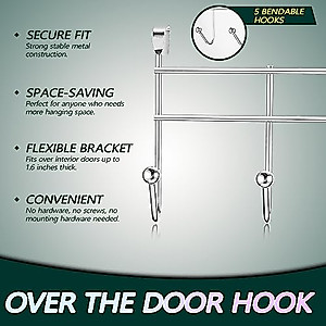 Sturdy Over The Door 5 Hook Hanger - Hangs Shirts, Coat Hooks, Towel Rack, Robes, Perfect Hat Rack