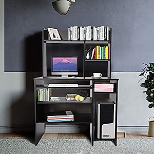 36 inches Office Desk,Computer Desk with Bookshelf,Writing Study Table with Bookshelves Study Desk,Office Desk, Gaming Desk,Modern Steel Frame Compact Wood Desk for Home Office (Black)