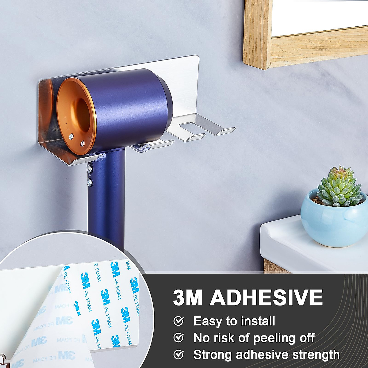 YAYINLI Hair Dryer Holder - Hair Tool Storage Organizer Wall Mount, Stainless Steel Hair Blow Dryer Holder Organizer, Hot Tools Holder, Adhesive Hairdryer Holder Bathroom, Silver Hair Dryer Hanger