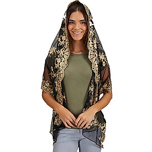 Embroidered Two Tone Black and Gold Long Chapel Veil with Floral Design, 24 Inch