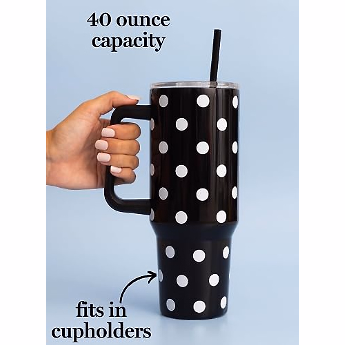 Kate Spade New York 40 Ounce Tumbler with Handle and Straw, Double Wall Stainless Steel Insulated Tumbler, Cupholder Friendly 40 oz Cup, Black Metal Tumbler for Hot or Cold Drinks, Picture Dot