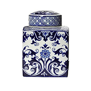 Creative Co-Op Decorative Stoneware, Blue and White Ginger Jar, Floral Pattern