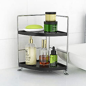 JANUS LiANG 2-Tier Bathroom Organizer Countertop Corner - Makeup Organizer Cosmetic perfume Holder Bedroom Storage Shelf or Kitchen Spice Rack (Chrome + Black)