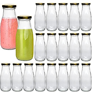12 oz Glass Bottles, Clear Glass Milk Bottles with Gold Metal Airtight Lids, Vintage Breakfast Shake Clear Container, Vintage Drinking Bottles with Whiteboard Labels and Pen for Party,Kids,Set of 20