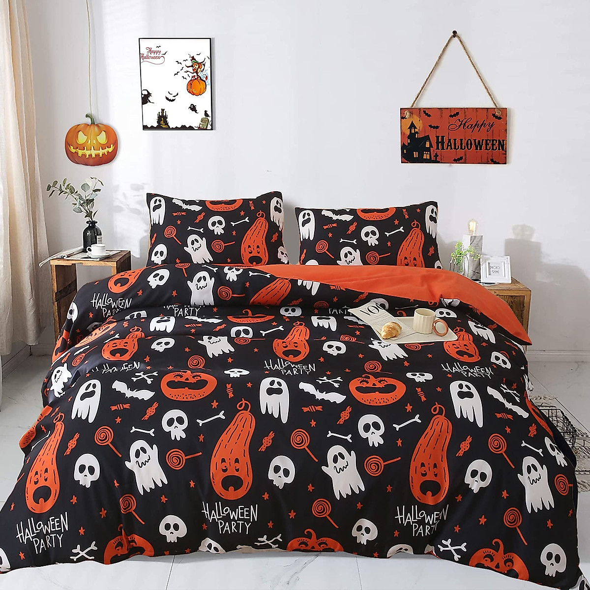 Halloween Duvet Cover Set Queen,3 Pieces Black Skull Pumpkin Comforter Cover Set with 2 Pillowcases Ghost Festival Themed Bedding Set Queen90 x90(Not Comforter)