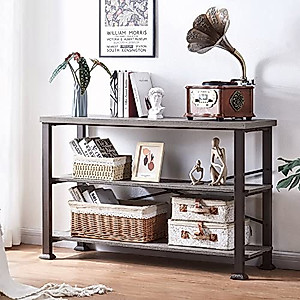 Hombazaar 3 Tier Console Sofa Table, Industrial Rustic Entryway Table with Storage Shelf for Living Room, Hallway, Grey Oak Finish, 47-Inch Long