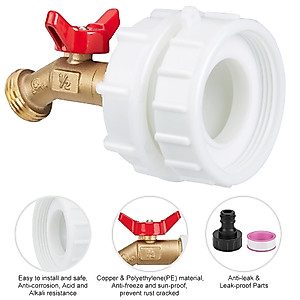 WADEO IBC Tote Adapter, 2.44" Fine Thread Adapter for 275-330 Gallon IBC Tote Tank, Brass Water Shut-Off Valve Faucet (1/2" Male NPT Inlet ×3/4" GHT Outlet) - with Garden Hose Quick Connector, White