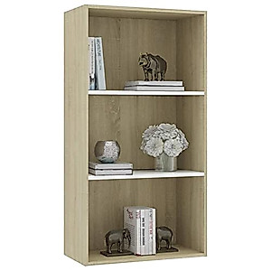 CIADAZ 3-Tier Book Cabinet 3 Tier Shelf Organizer Bedroom Storage and Organization Corner Book Shelf Office Open Bookshelf White and Sonoma Oak 23.6"x11.8"x44.9" Engineered Wood