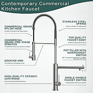 CWM Commercial Pull Down Kitchen Faucet with Sprayer-Modern High Arch Stainless Steel Kitchen Sink Faucets with Pre-Rinse Sprayer for Kitchen Sinks,Brushed Nickel,26.61inch