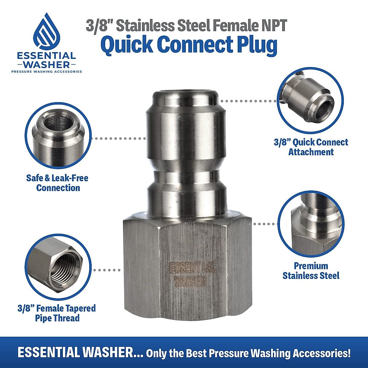Pressure Washer Quick Connect Fittings by ESSENTIAL WASHER, Stainless Steel 3/8 Inch Female NPT Pressure Washer Plug - Set of 2, Works with Most Stainless Steel or Brass Pressure Washer Couplers